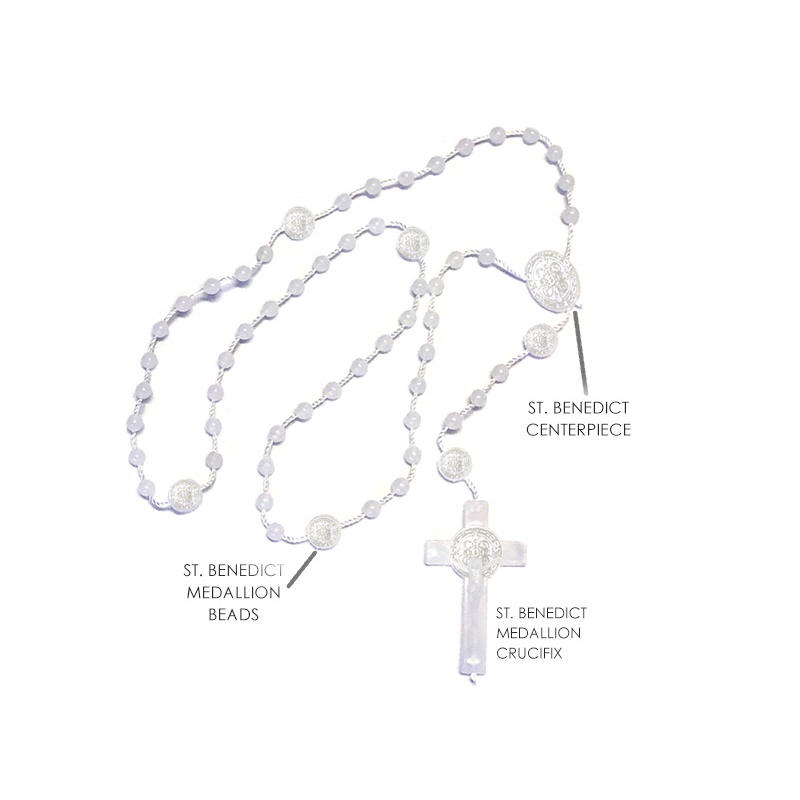 WHITE PLASTIC STRING ROSARY WITH 5MM BEADS. 16" IN LENGTH WITH A ST ...
